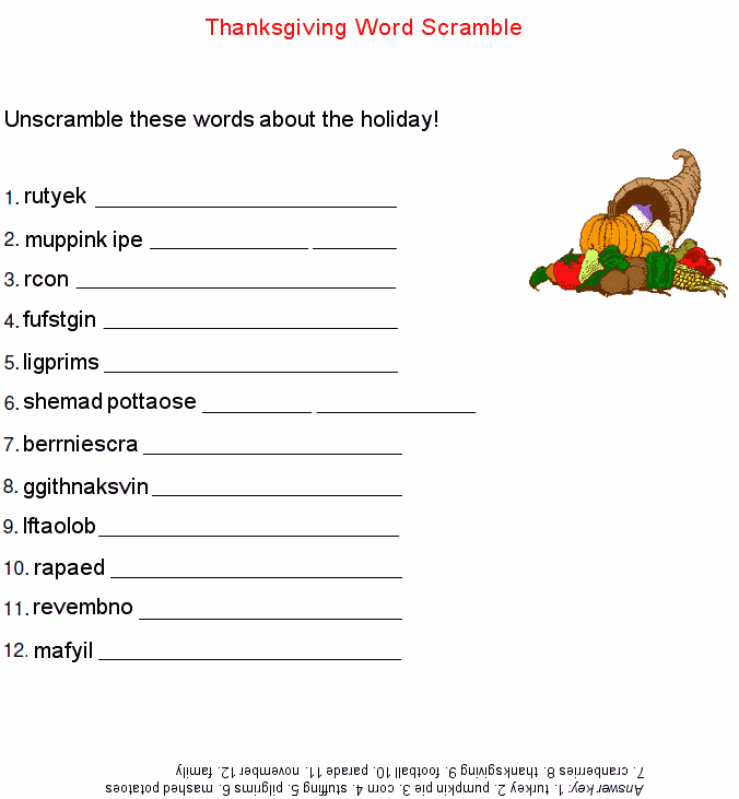 Printable Thanksgiving Word Scramble